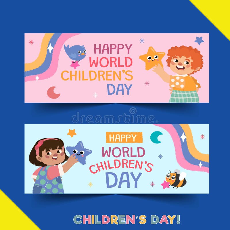 Hand Drawn Flat World Children S Day Horizontal Banners Set Vector ...