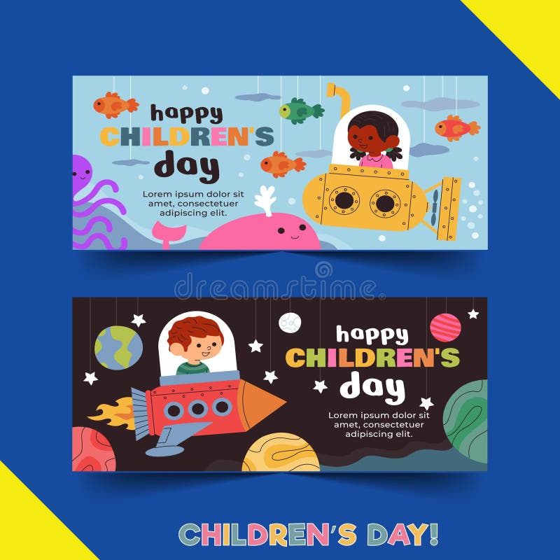 Hand Drawn Flat World Children S Day Horizontal Banners Set Vector ...