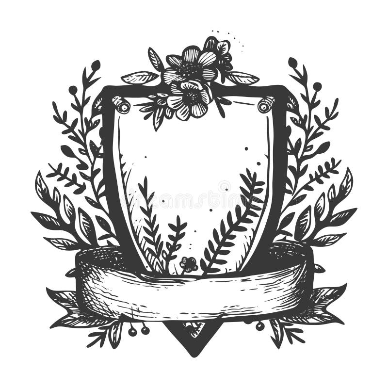 Ornate Floral Shield with Ribbon Banner: Elegant Hand Drawn Design ...