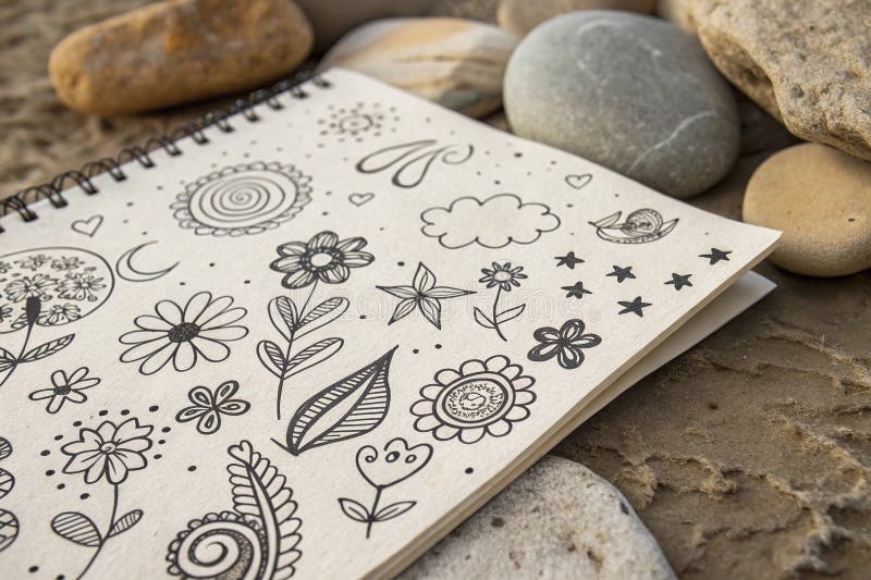 Hand Drawn Floral Doodles on Sketchbook with Stones on Rustic Sand ...