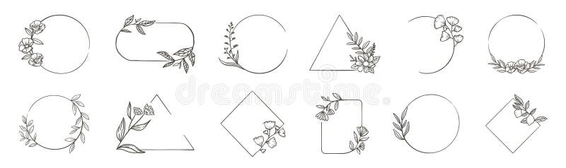 Hand Drawn Floral Frames with Flowers, Branch and Leaves. Set of Floral ...