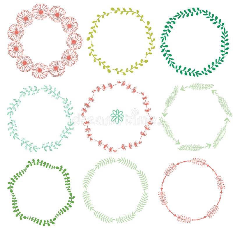 Hand Drawn Floral Frames. Rounded Decorative Elements in Pastel Colors ...