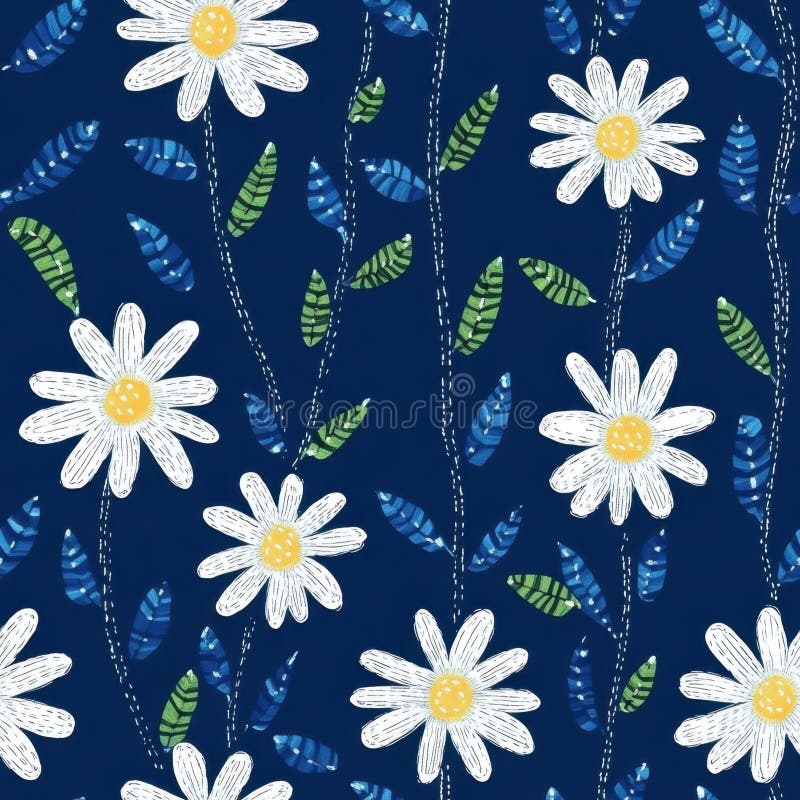 Hand-Drawn Floral Pattern with Daisies and Leaves on Dark Blue ...