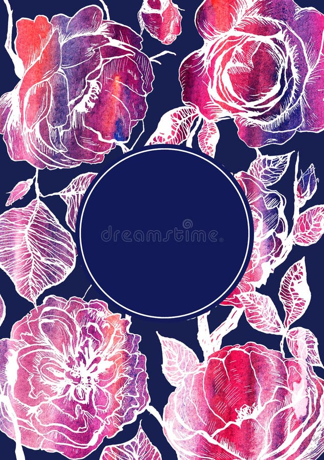 Hand Drawn Floral Rose Vertical Rectangular Template with Round Frame ...