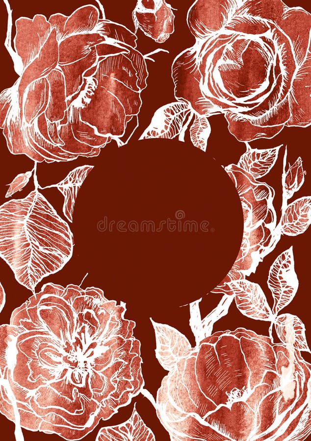 Hand Drawn Floral Rose Vertical Rectangular Template with Round Frame ...