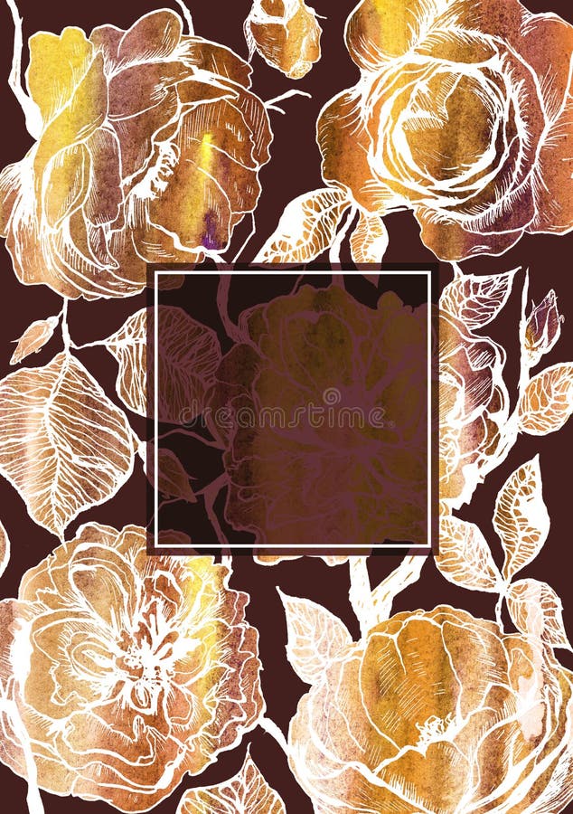 Hand Drawn Floral Rose Vertical Rectangular Template with Square Frame ...