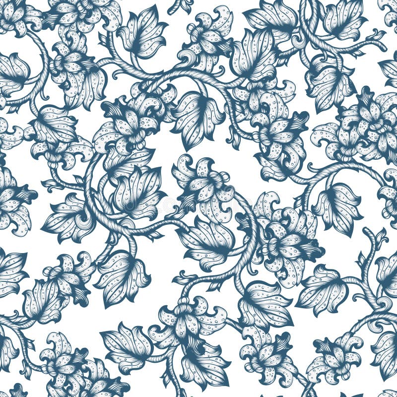 Hand Drawn Floral Seamless Pattern Stock Vector - Illustration of etch ...