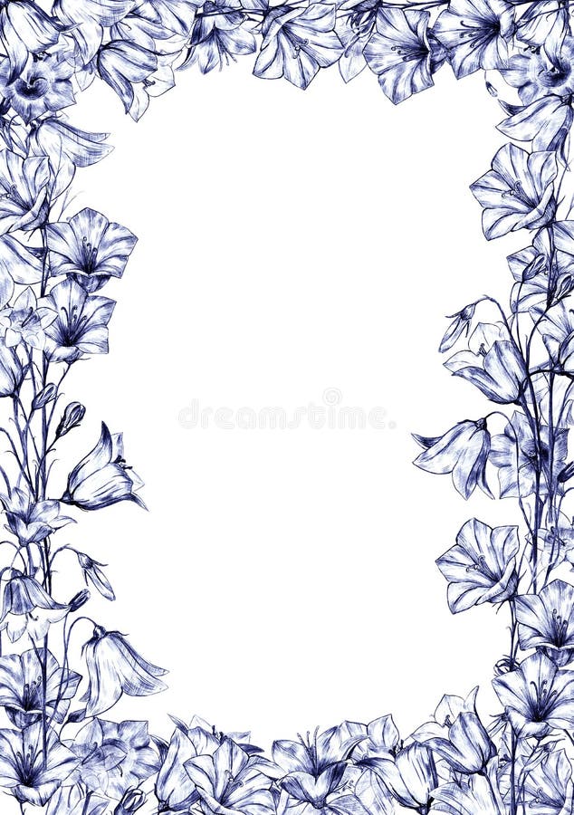 Hand Drawn Floral Vertical Rectangular Frame with Blue Graphic Bluebell ...