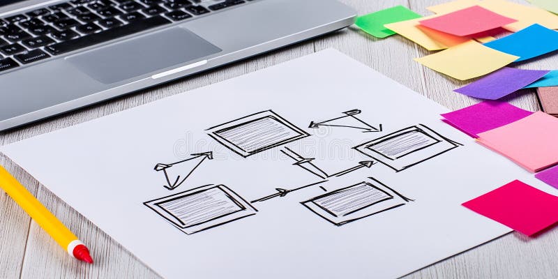 Hand Drawn Flowchart on Paper Near Laptop and Colorful Sticky Notes ...
