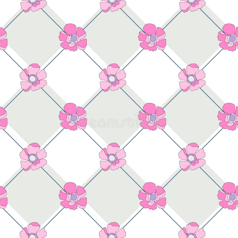 Hand Drawn Flower on Abstract Square Fence Checkered Background ...
