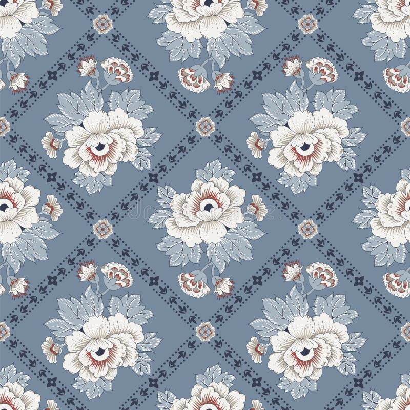 Hand Drawn Flower Bunch Seamless Pattern with Ornamental Checkered Grid ...