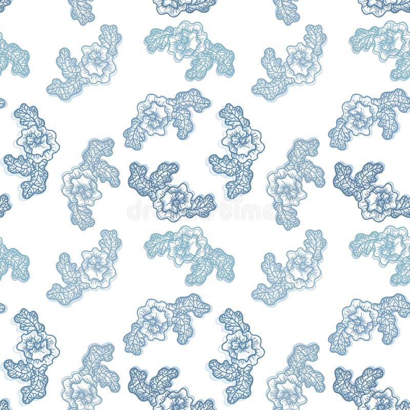 Hand Drawn Flower and Leaves with Shadows on White Background Seamless ...