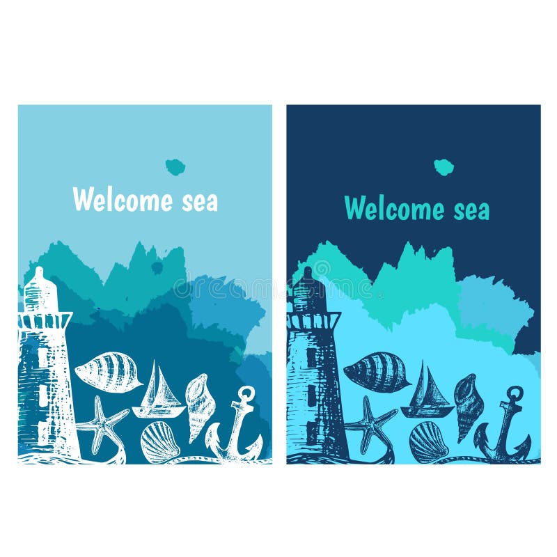 Hand Drawn Flyers with Sings on Theme Sea. Vector Stock Vector ...
