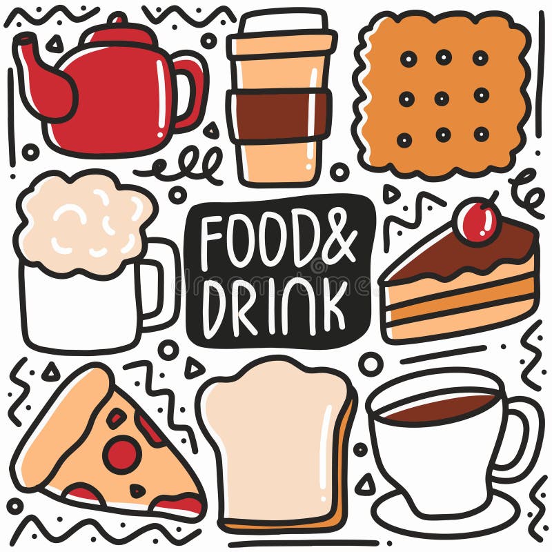 Hand Drawn Food and Drink Doodle Set Stock Vector - Illustration of ...