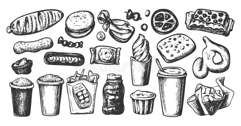 Hand-drawn Food Illustration Featuring Various Snacks and Beverages ...