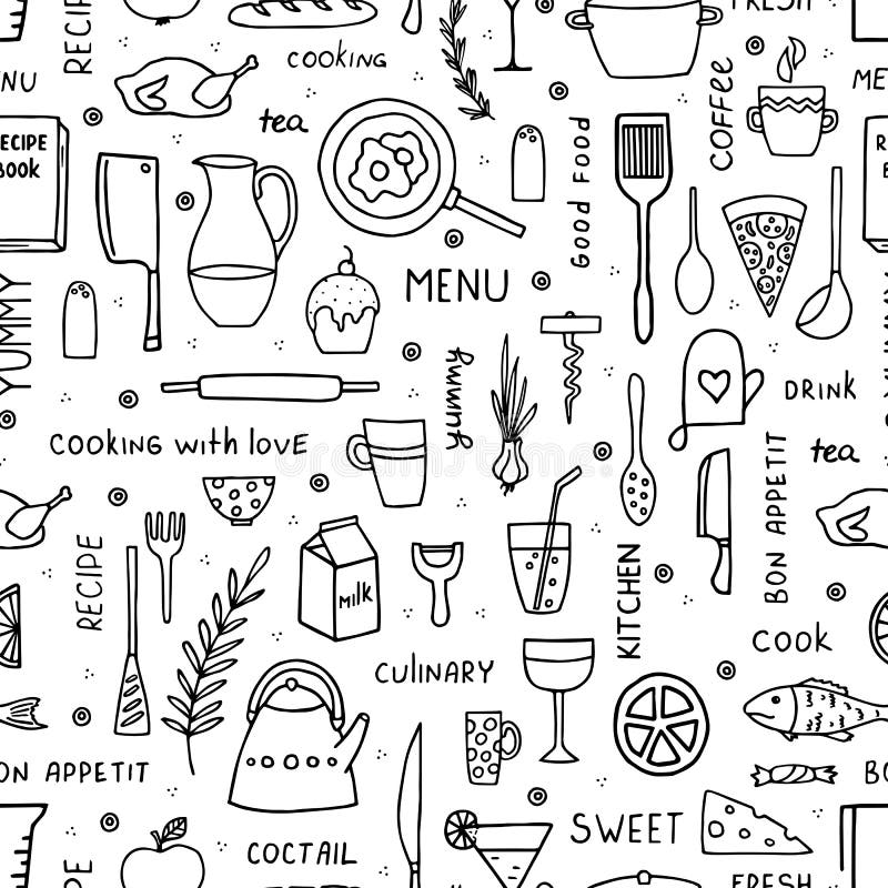 Hand-drawn Food and Kitchen Utensils Seamless Pattern in Doodle Style ...