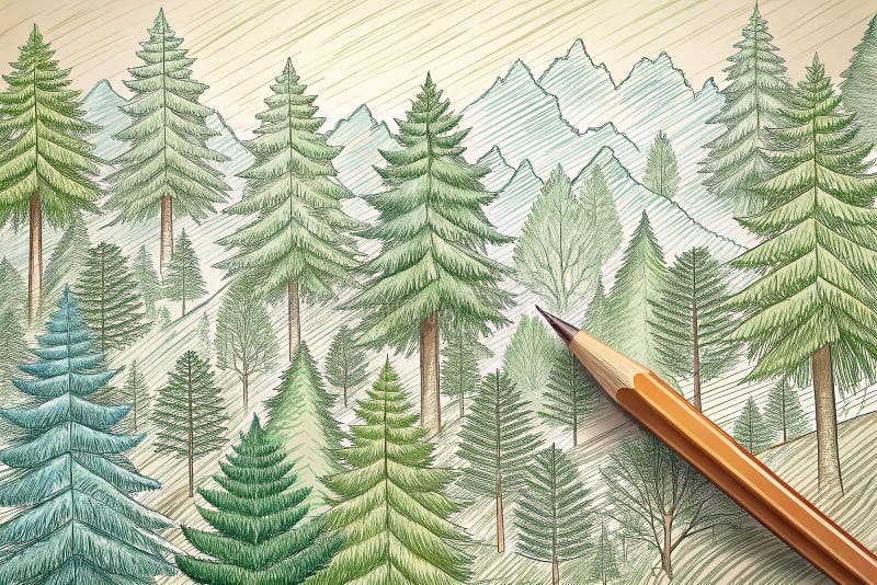 Hand-drawn Forest Landscape Sketch, Mountains Background Stock ...