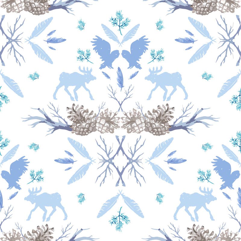 Hand-drawn Forest Silhouettes Seamless Pattern with Animals:elk, Owl ...