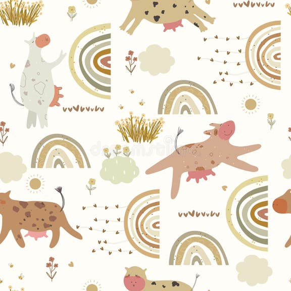 Hand Drawn Funny Cows and Rainbows. Stock Vector - Illustration of ...