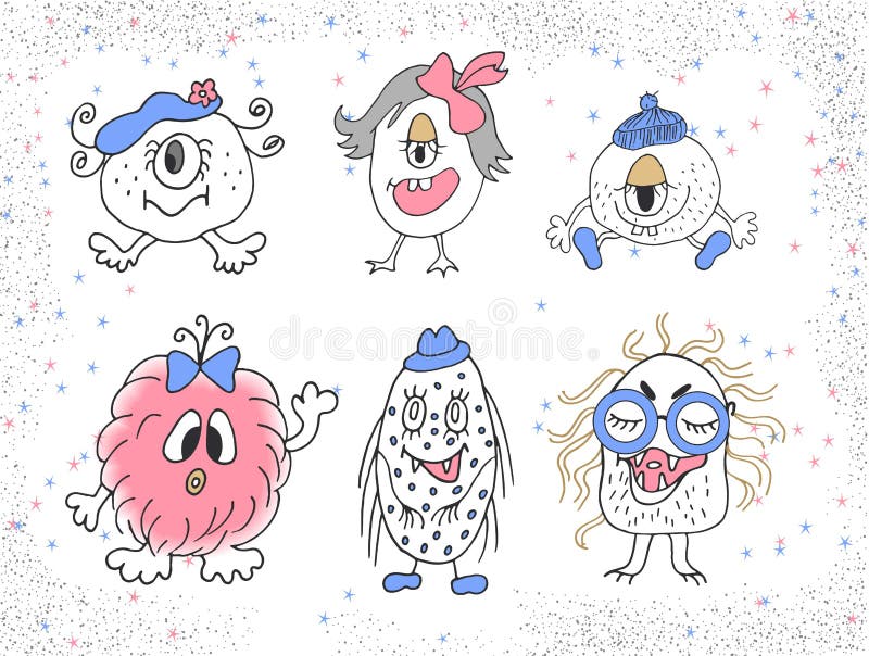 Hand Drawn Funny Monsters. Set of Cute Cartoon Monsters Stock Vector ...