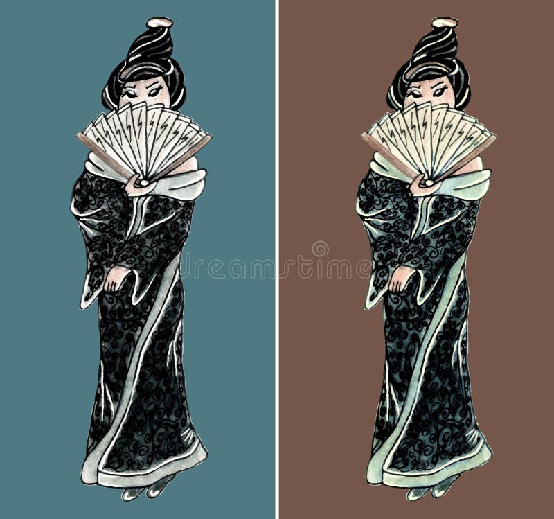 Hand Drawn Geisha Illustration Set Stock Vector - Illustration of ...