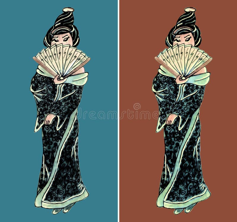 Hand Drawn Geisha Illustration Set Stock Vector - Illustration of ...
