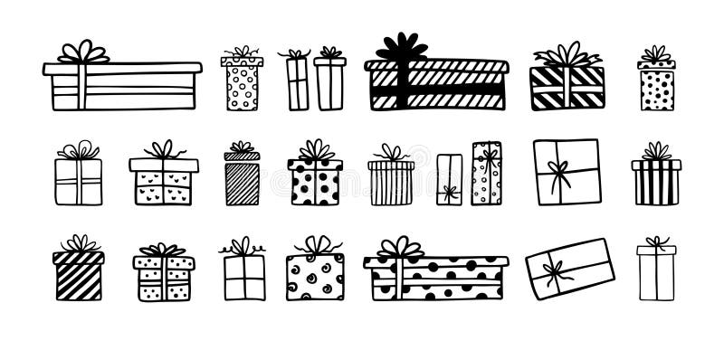 Hand Drawn Gift Boxes Doodle Outline Set. Present Box Stock Vector ...