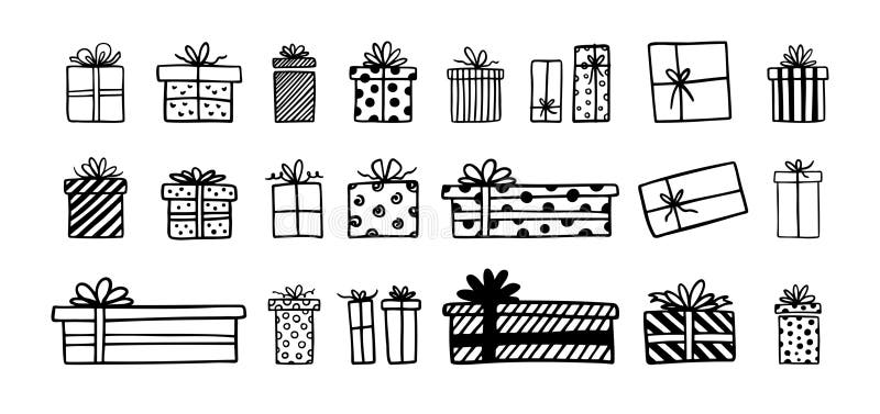 Hand Drawn Gift Boxes Doodle Outline Set. Present Box Stock Vector ...