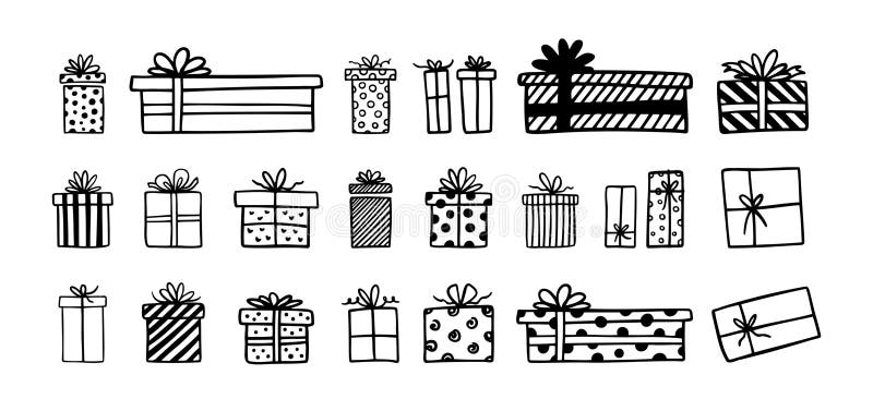 Hand Drawn Gift Boxes Doodle Outline Set. Present Box Stock ...