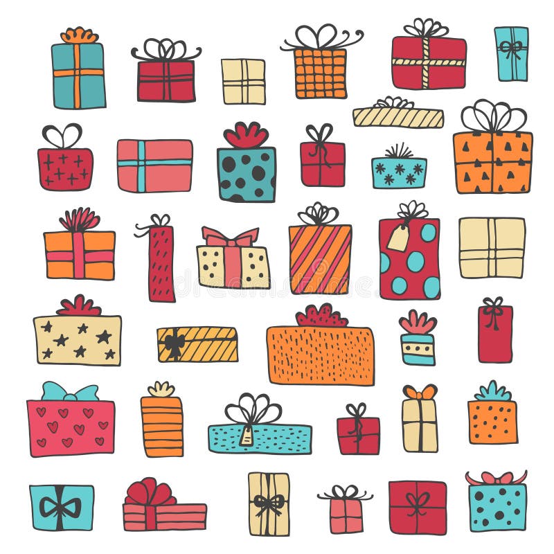 Hand Drawn Gift Boxes Set Vector Set Stock Vector - Illustration of ...