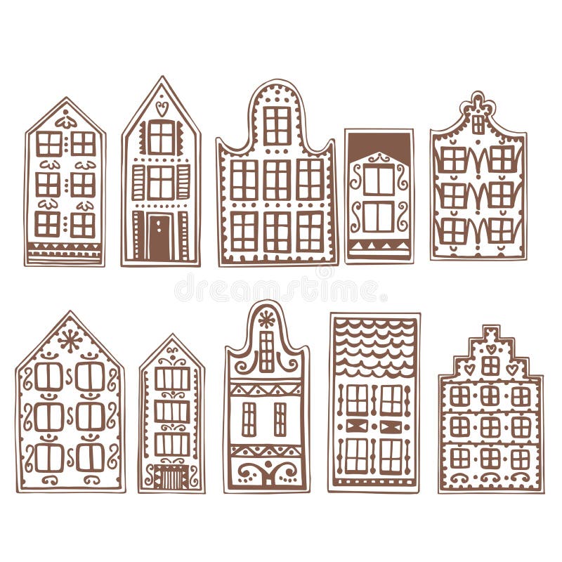 Hand Drawn Gingerbread Houses. Vector Sketch Illustration Stock Vector ...