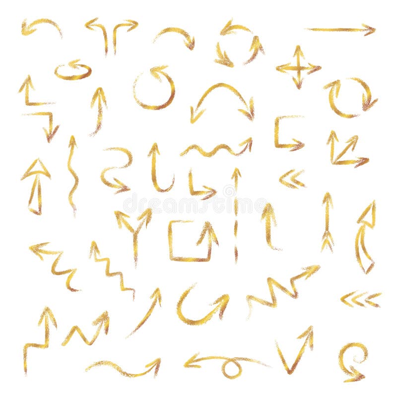 Hand Drawn Gold Arrows Set Made of Chalk or Pastel Texture, Vector ...