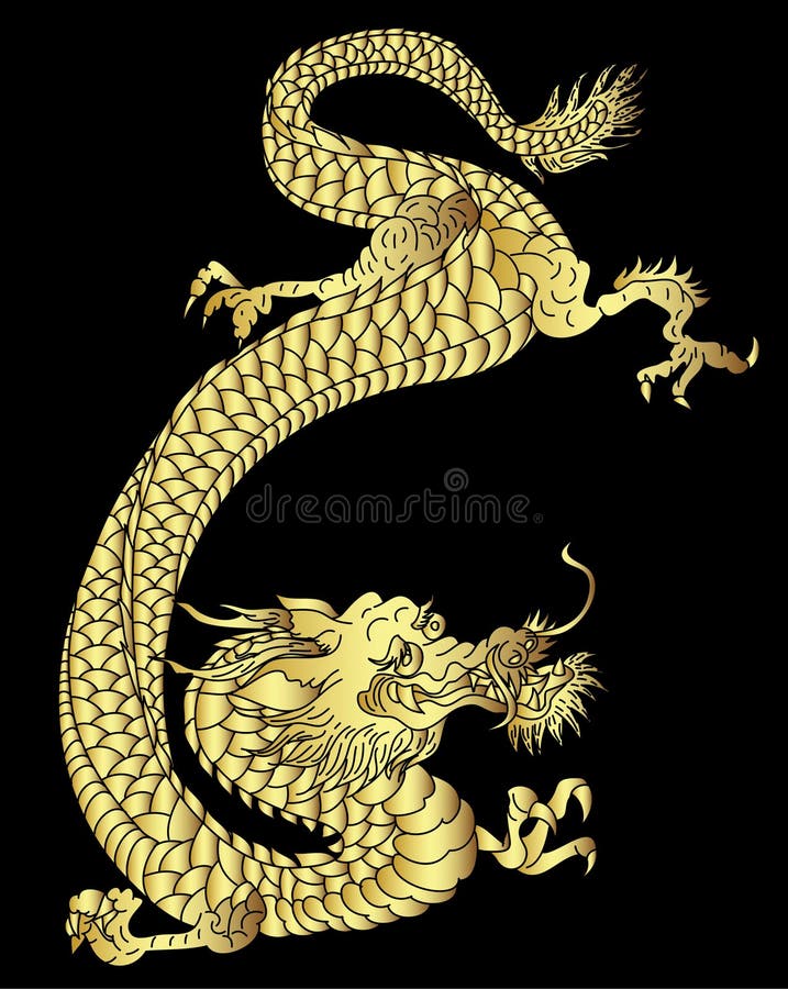 Hand Drawn Gold Dragon Japanese Tattoo Style On Black Background Stock