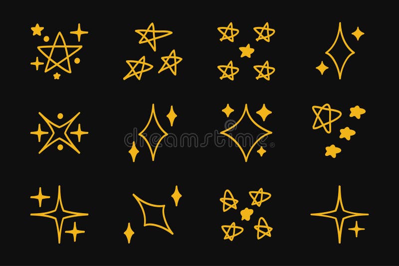Hand Drawn Gold Star Collection on Black Background. Stock Illustration ...
