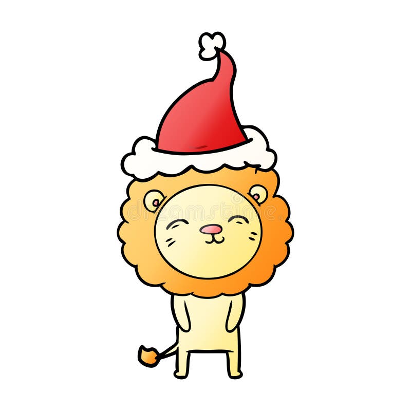 Hand Drawn Gradient Cartoon of a Lion Wearing Santa Hat Stock Vector ...