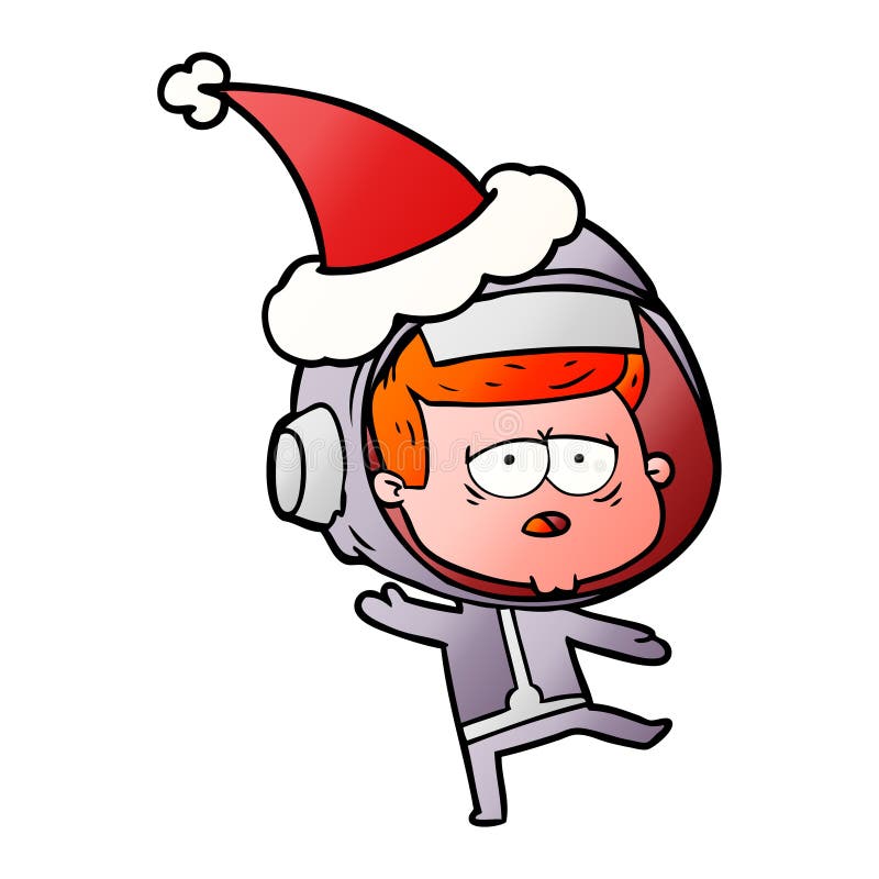 Hand Drawn Gradient Cartoon Of A Tired Astronaut Wearing Santa Hat