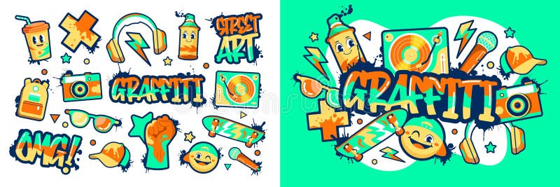 Hand Drawn Graffiti Elements Icons and Illustration Set Stock ...