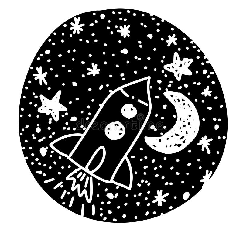 Hand Drawn Graphic Element Rocket in Space Monochrome. . Hand Drawing ...