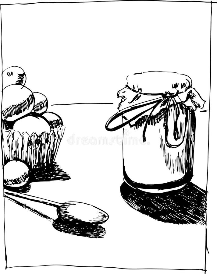 Hand Drawn Graphic Sketch with Jam Jar and Apples. Stock Vector ...