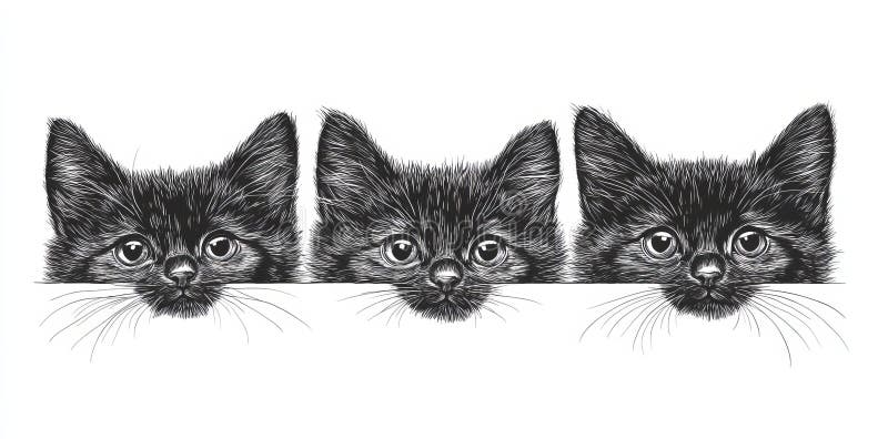 Hand-drawn Graphic of Three Cats Looking Horizontally at a Horizontal ...