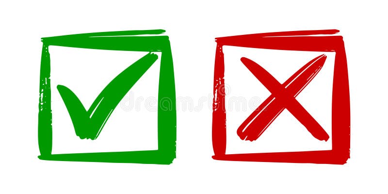 Hand Drawn of Green Check Mark and Red Cross Isolated. Right and Wrong ...