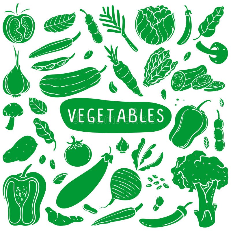 Hand Drawn Green Vegetable Assortment Set. Green Color Silhouette Vector Illustration Drawing ...