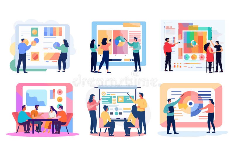 Hand Drawn Group of Business People with Presentations in Flat Style ...