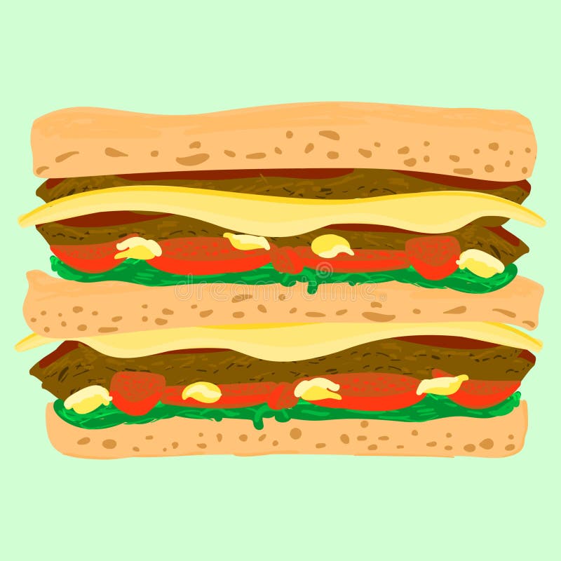 Hand Drawn Ham and Vegetable Sandwich Illustration. Flat Vector. Top ...