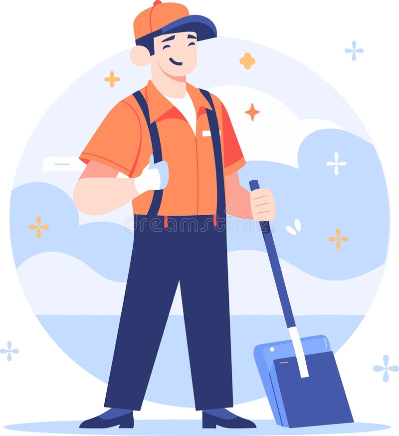 Hand Drawn Happy Cleaning Staff is Cleaning the Floor in Flat Style Stock Vector - Illustration ...
