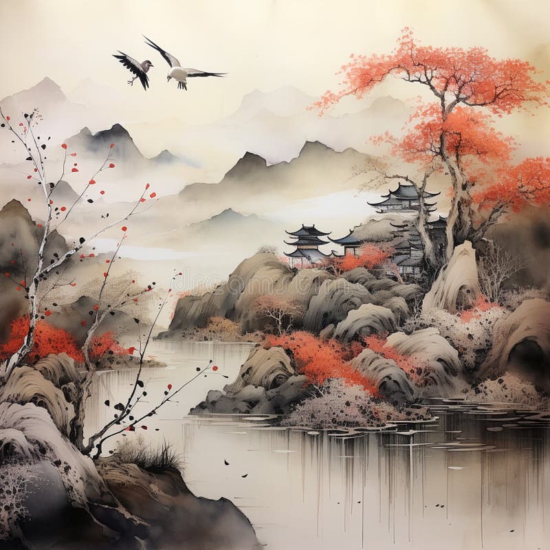 Hand-Drawn Harmony Japanese Sumi-E Magic Stock Illustration ...