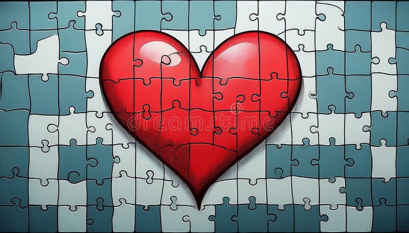Hand Drawn Heart in a Puzzle. Drawing of Red Heart on Puzzles, One ...
