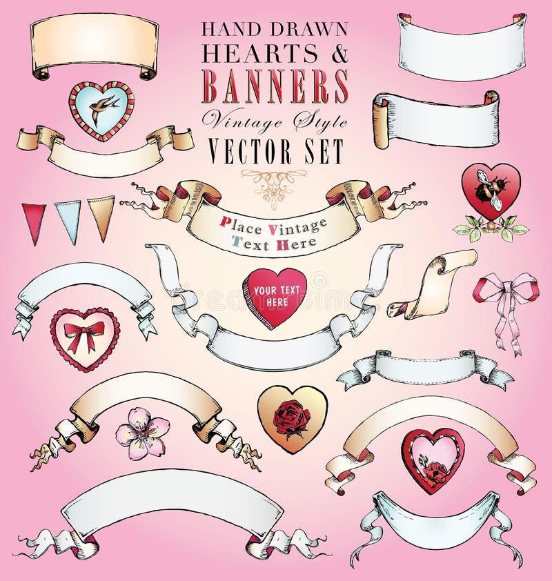 Hand-Drawn Hearts and Banners Vector Set Stock Vector - Illustration of ...