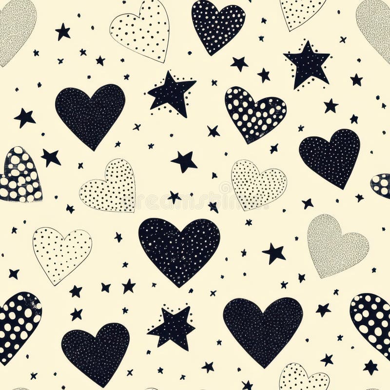 Hand-Drawn Hearts and Stars Pattern in Black and White for Stock Image ...
