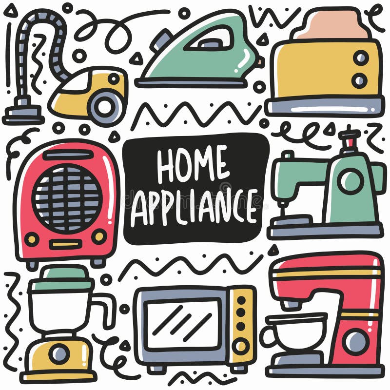 Hand Drawn Home Appliance Doodle Set Stock Vector - Illustration of ...